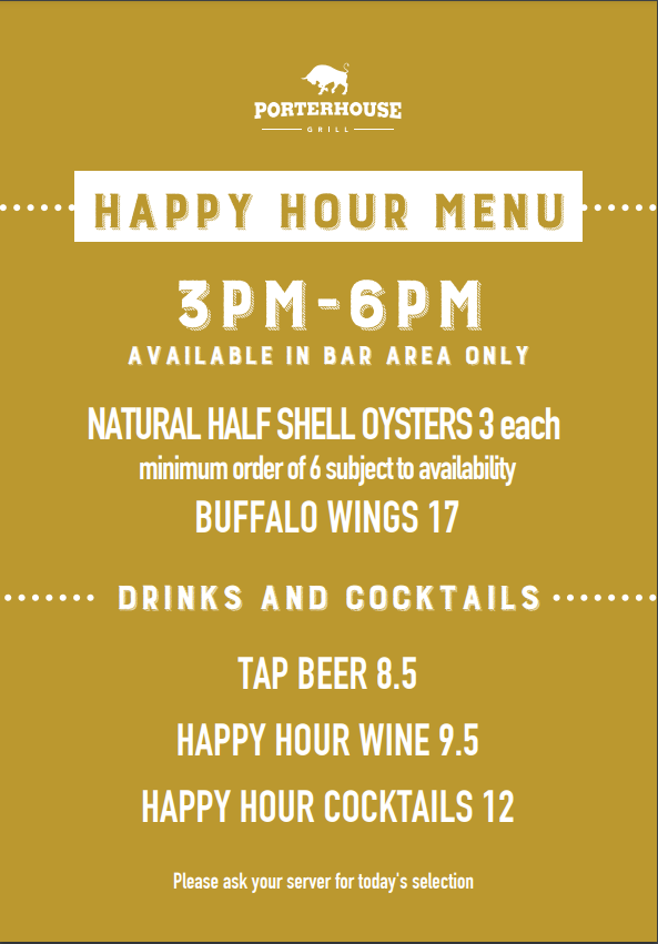 Happy Hour Menu Porterhouse Grill